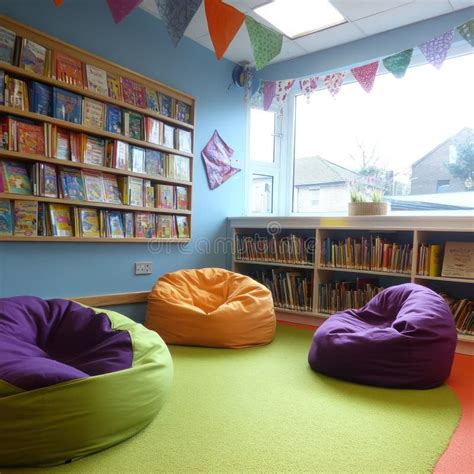 A Tidy Classroom Library Corner With Bean Bags And Shelves Of Books
