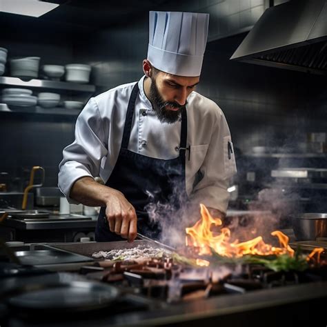 Premium Ai Image Chef Cooking With Fire In A Restaurant Kitchen