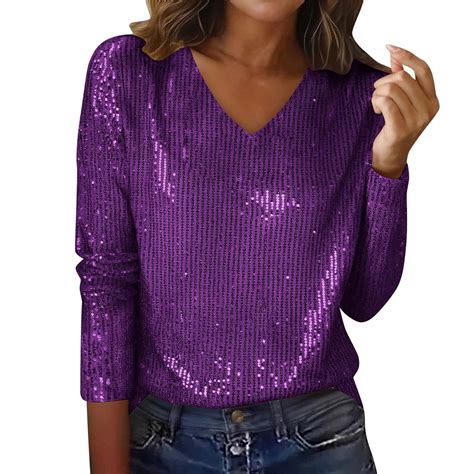 Moxiu Women Long Sleeve Sequin Blouse V Neck Glitter Sparkly Top For