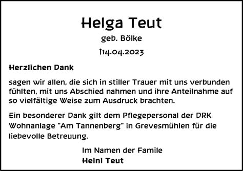 Traueranzeigen Von Helga Teut Trauer Anzeigende