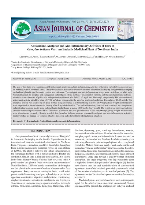 Pdf Antioxidant Analgesic And Anti Inflammatory Activities Of Bark