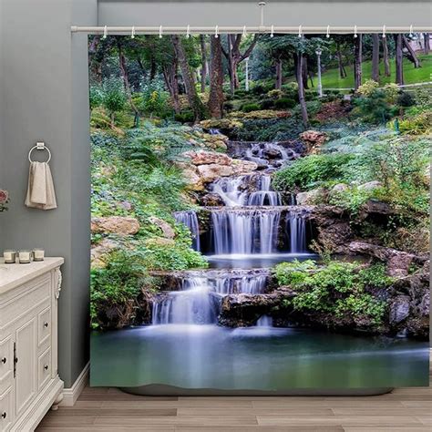 Forest Waterfall Shower Curtain Spring Nature Scenic Green Tree