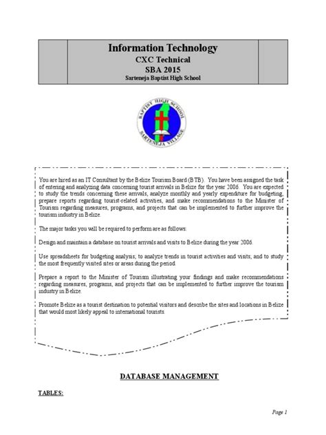 Information Technology Cxc Technical Sba 2015 Pdf Tourism Algorithms