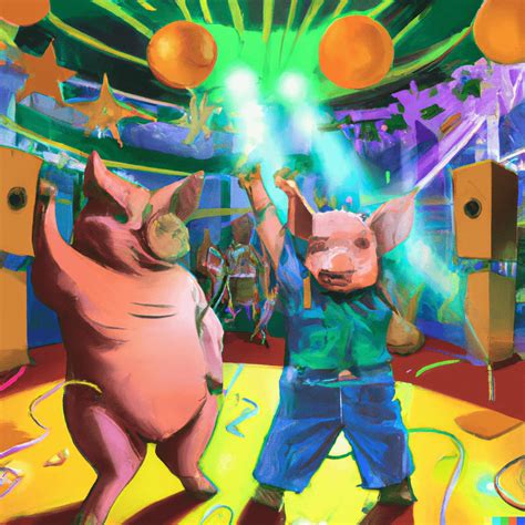 A Disco With Anthropomorphic Pigs Dancing Digital Art Rdalle2