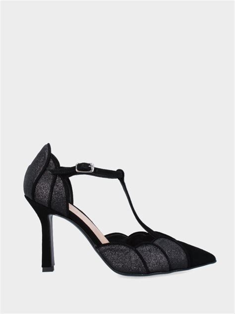 Décolleté T Bar In Camoscio Nero Con Tacco A Coda E Tomaia Glitter A