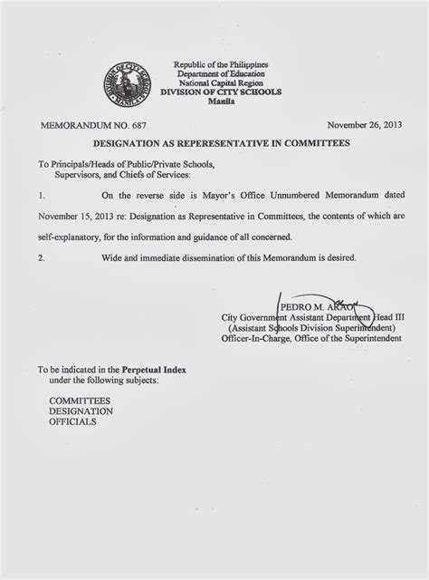 Department Of Education Manila Division Memorandum No 687 Designation As Representative In
