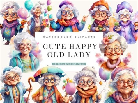 Watercolor Cute Happy Old Lady Clipart Graphic By Busydaydesign