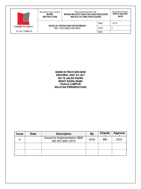 Opr P 850 001 Wi19 High Pressure Water Jetting Procedure Pdf Pipe Fluid Conveyance