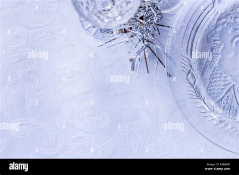 Christmas Glassware Table Setting Detail White Background Room For Text Top View Of Crystal