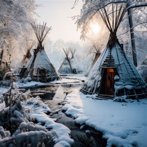 Native American Tee Pee Village With Water In Snowy Forest Ai