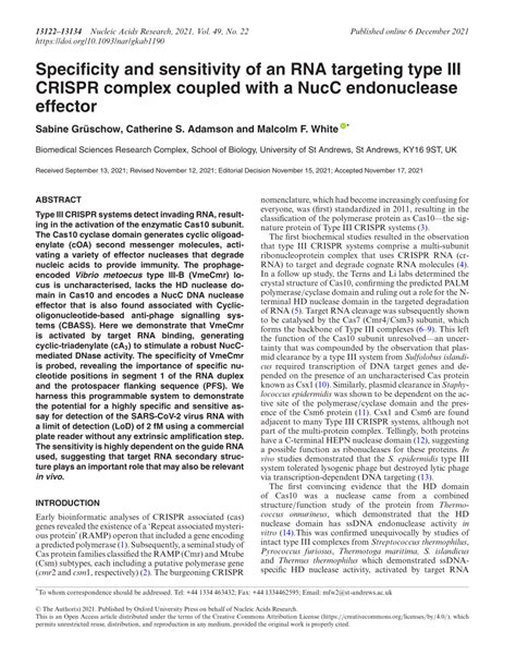 Pdf Specificity And Sensitivity Of An Rna Targeting Type Iii Crispr Complex Coupled With A
