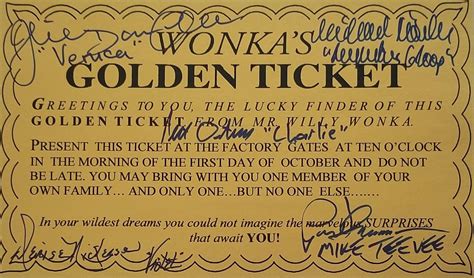Willy Wonka And The Chocolate Factory Cast 5 Signed Golden Ticket Bas