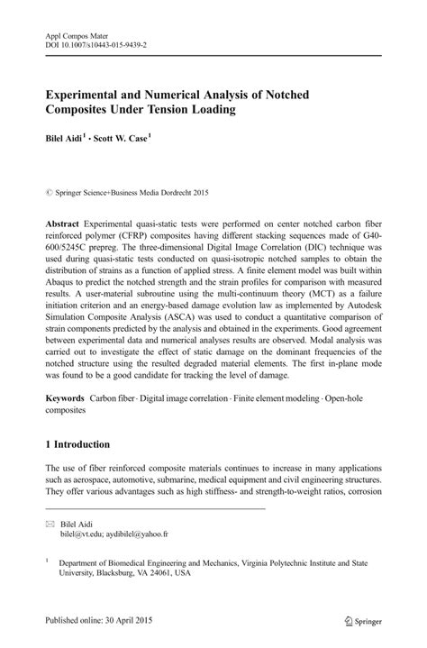 Pdf Experimental And Numerical Analysis Of Notched Composites Under