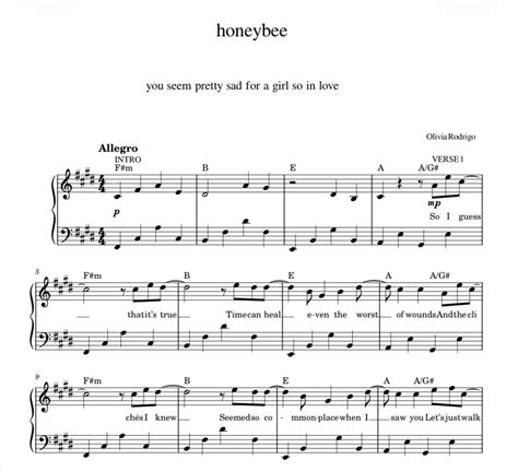 Honeybee Olivia Rodrigo Piano Music Sheet Beginner Instant