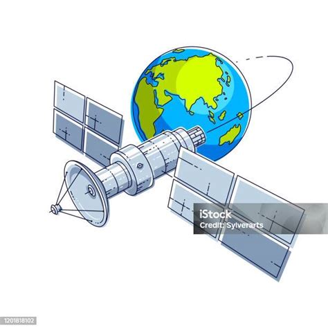 지구 주위를 도는 위성 우주 비행 태양 전지 패널과 위성 안테나 플레이트통신 우주선 우주 정거장 가는 선 3d 벡터 그림입니다 0명에 대한 스톡 벡터 아트 및 기타 이미지