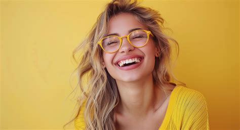 Smiling Blonde Woman With Windblown Hair Against Yellow Wall 47065810