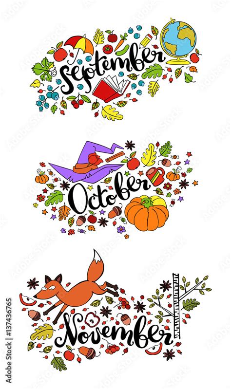 Autumn Months September October November Isolated Vector Objects On