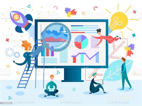 비즈니스 프로젝트 및 컴퓨터 소프트웨어 최적화를 위해 작업하는 컴퓨터 모니터 및 사무실 팀의 인포그래픽 아이디어에 대한 스톡 벡터 아트 및 기타 이미지 Istock