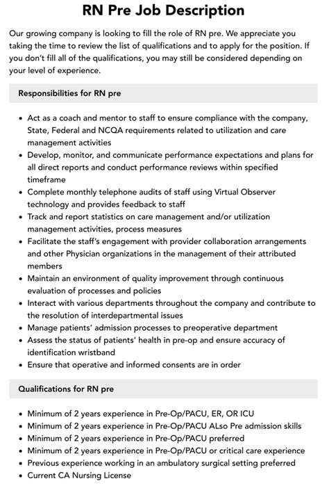 Rn Pre Job Description Velvet Jobs