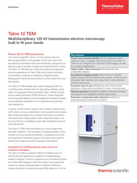 Talos 12 Datasheet En Pdf Transmission Electron Microscopy Microscope