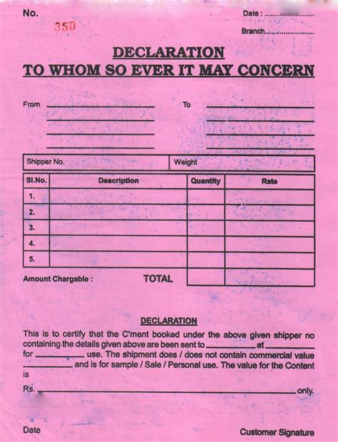 Courier Declaration For Document Parcel