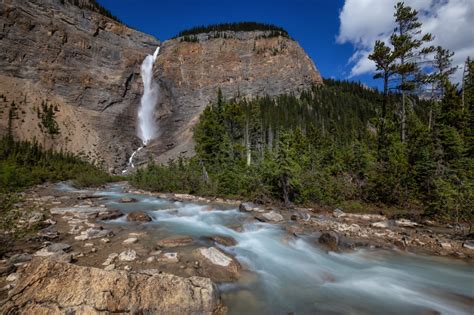 Takakkaw Falls In Yoho National Park During A Vibrant Sunny Summer Day