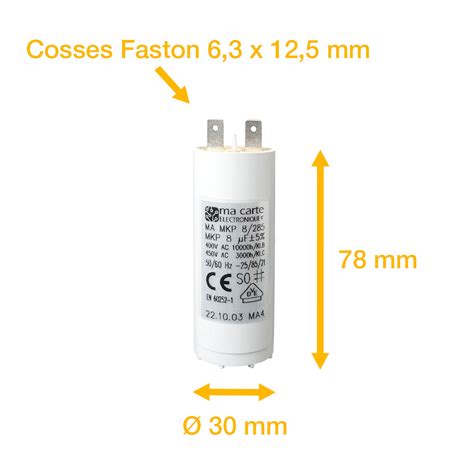 Condensateur 8uf8µf Démarrage Permanent Pour Moteur Cosses Faston