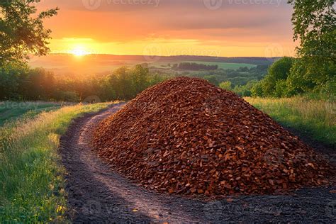 Rustic Path With Red Mulch Pile At Sunset In Scenic Countryside
