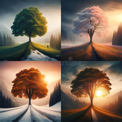 137 Photo Trees Four Seasons Year Spring Summer Autumn Winter Stock