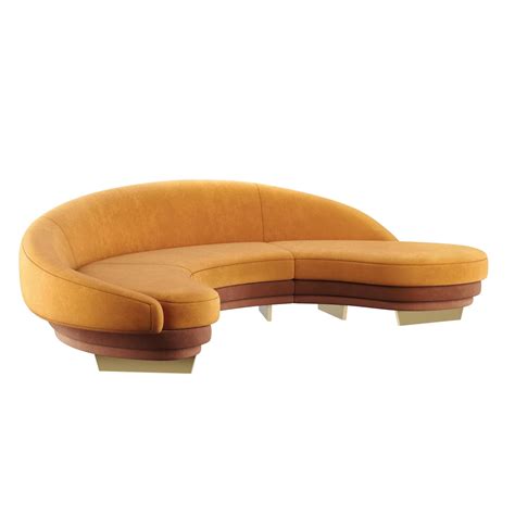 Modern Curved Serpentine Sofa In Orange Velvet W Gold And Wood Details