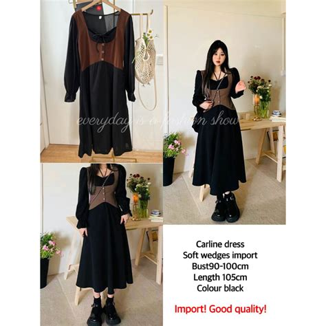 Jual Carline Dress Gaun Midi Hitam Dengan Lengan Panjang Gaya Korean