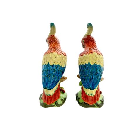 Vintage Oriental Pair Ceramic Parrot Tropical Style Bird Figurine