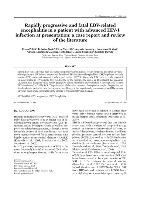 Pdf Rapidly Progressive And Fatal Ebv Related Encephalitis In A