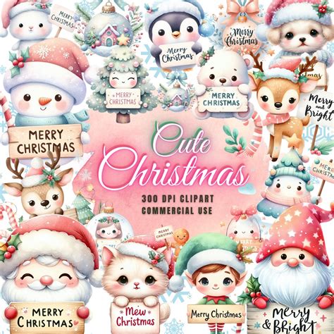 Cute Merry Christmas Clipart Bundle Watercolor Cute Christmas Clip Art
