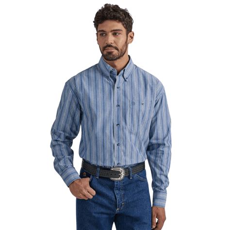Wrangler Mens George Strait Blue Stripe Long Sleeve Western Shirt 112