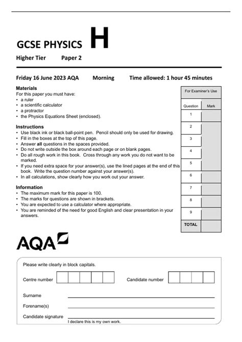 Aqa Gcse Physics H Higher Tier Paper 2 8463 2h Qp Physics G 16jun23