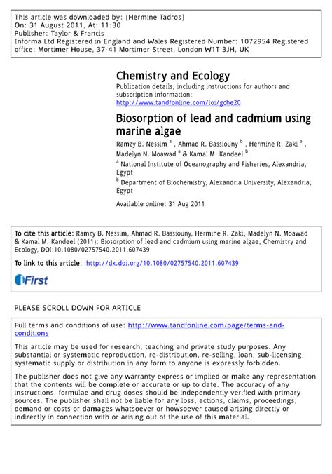 Pdf Biosorption Of Lead And Cadmium Using Marine Algae