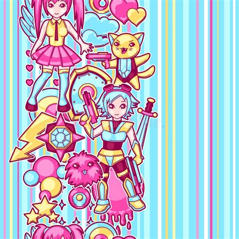 Japanese Anime Cosplay Seamless Pattern Cute Kawaii Characters And Items Stock Vector
