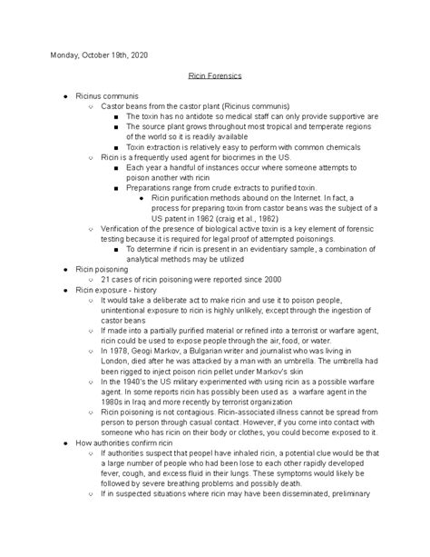 Class Notes Ricin Forensics Monday October 19th 2020 Ricin