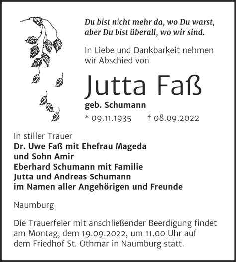 Traueranzeigen Von Jutta Faß Abschied Nehmende