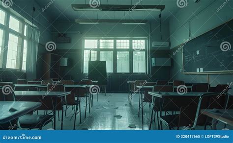 Generative Ai Empty Classroom With Desks Chairs And Chalkboard Business Concept Stock Image