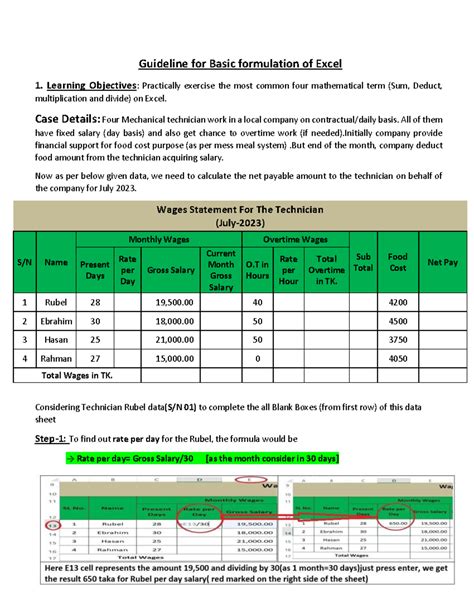 Instruction Handout For Excel Class Guideline For Basic Formulation