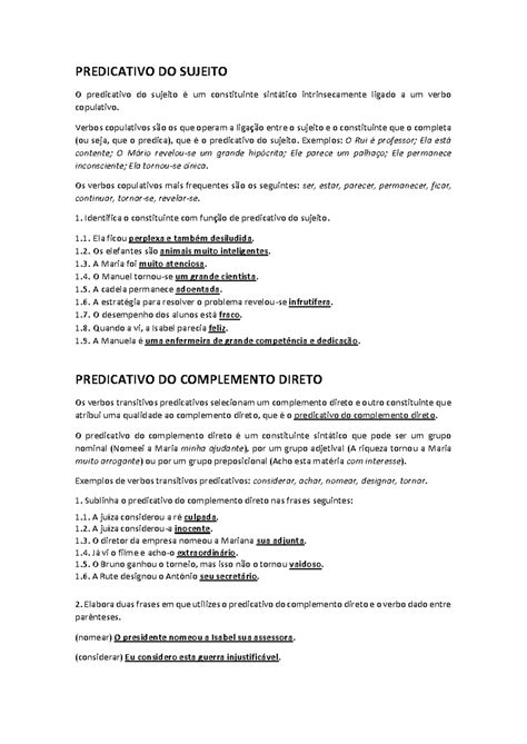 4 Predicativo Do Sujeito E Do Compl Direto Com Resolução Predicativo Do Sujeito O