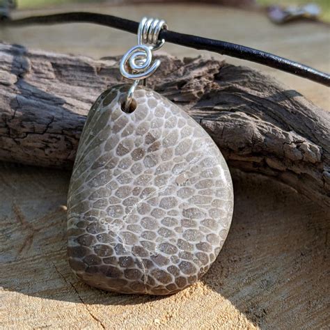 Charlevoix Stone Pendant Sterling Silver Wire Wrapped Fossil Necklace