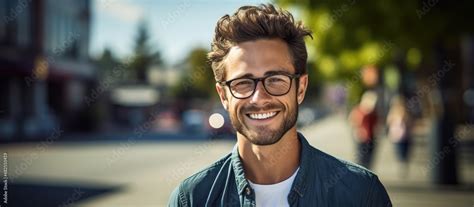 In His Casual Outdoor Lifestyle Portrait A Young Adult Caucasian Man With Glasses Showcases A