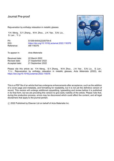Pdf Journal Pre Proof Rejuvenation By Enthalpy Relaxation In Metallic