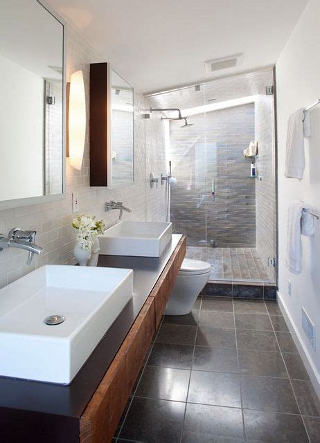 Modern Bathroom Design With Walk In Shower And Double Sinks