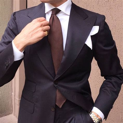 Mens Black Suit White Dress Shirt Brown Tie White Pocket Square