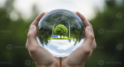 Hands Holding A Glass Sphere With A Miniature Green Landscape Wind
