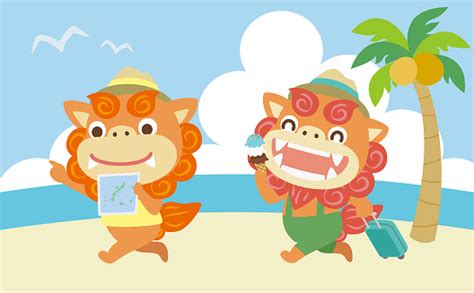 Background With Cute Shisa Traveling Vector Illustration Stock Illustration Download Image Now